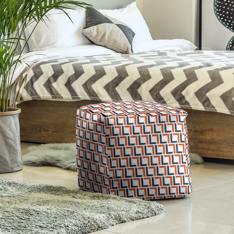Upholstered Ottoman Dark Navy Orange White 13 H x 13 W x 13 D